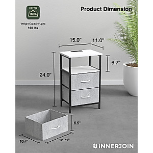 Innerjoin Nightstand with Charging Station USB A&C Ports, LED Nightstand with 2 Drawers & Storage Shelf, Bed Stand Side End Table for Bedroom Living Room Dorm, White