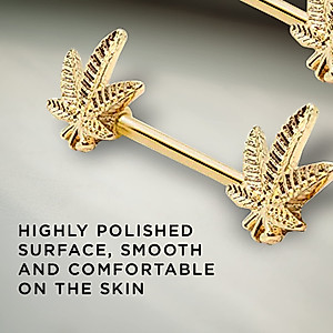 Pierce2GO 2 Pcs 14G Gold Marijuana Leaf Nipplerings Piercing Women Nipple Rings - 9/16" Barbell (Gold)