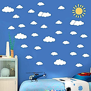 WMdecal Sun and 30PCS White Clouds Removable Vinyl Wall Decals Peel and Stick Wallpaper Stickers for Nursery Bedroom Living Room