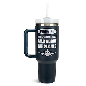 Elanze Designs Warning May Talk About Airplanes Pilot 40 oz. Stainless Steel, Large Water Bottle Coffee Mug, Spill & Leak Resistant, Thermal Travel Tumbler with Handle, Lid & Straw, Navy Blue