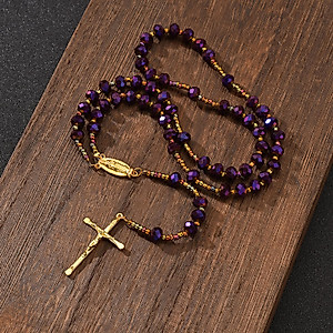 SALOMOCA Rosary Bead Necklace Purple Crystal Beads Christ Catholic Necklaces with Holy Mary Medal and Jesus Crucifix Cross Religious Jewelry in Velvet Bag Fit for Women