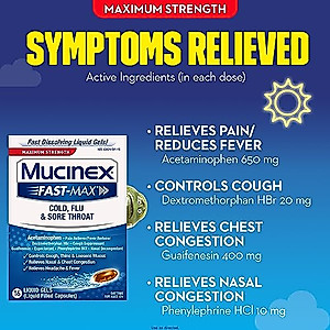 Maximum Strength Mucinex Fast-Max Cold, Flu, & Sore Throat Liquid Gels, 16ct, Controls Cough, Thins & Loosens Mucus, Relieves Nasal & Chest Congestion, Headache & Fever