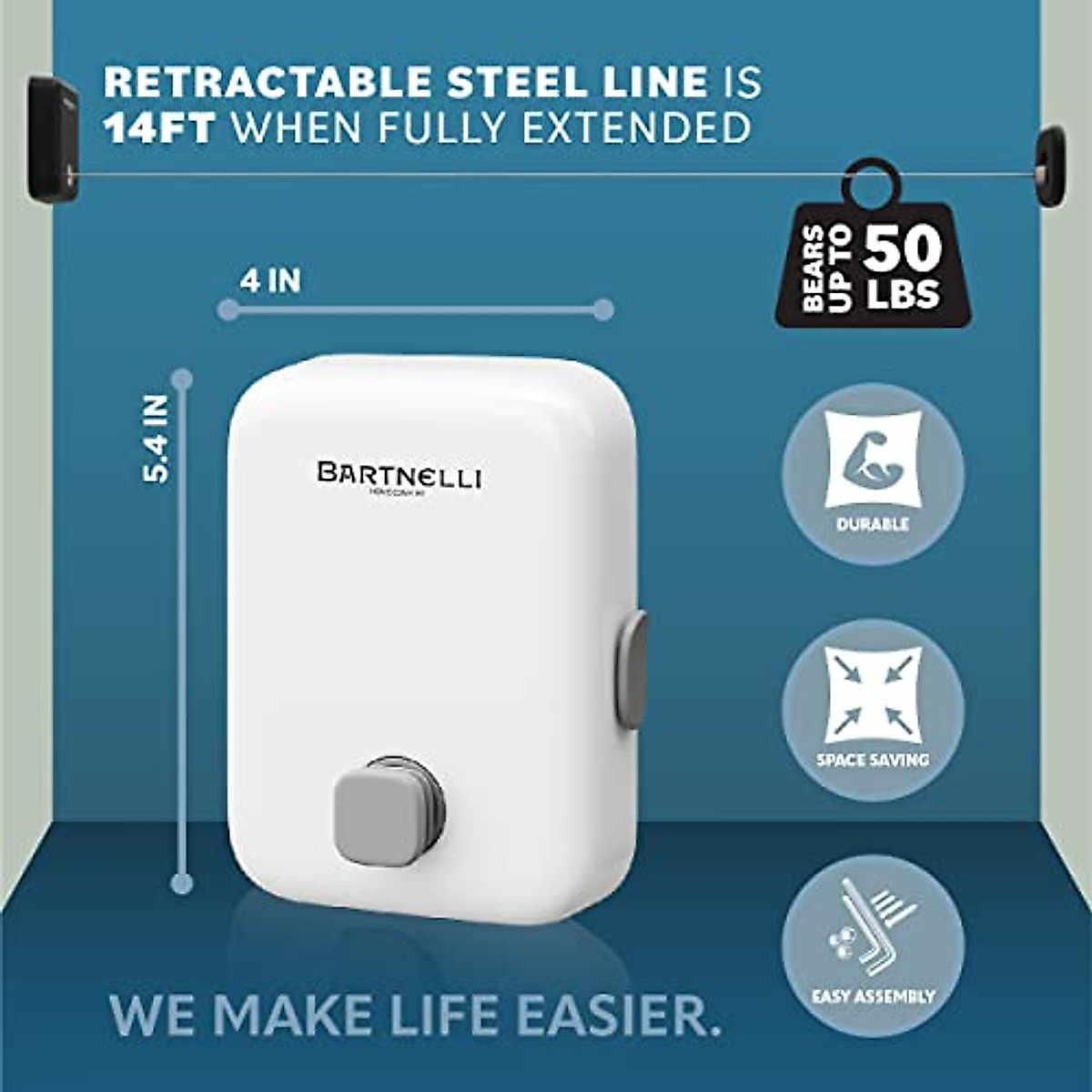 Bartnelli Premium Retractable Clothesline | Heavy Duty Retracting Rope Line for Clothes or Laundry, Perfect for Indoor or Outdoor Use and Travel or Camping Can Hold Upto 50 Pounds of Wet Clothing