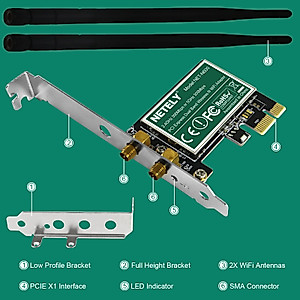 NETELY Wireless N Dual Band 600Mbps 2-Stream PCIE WiFi Adapter for Desktop PCs, PCIE WiFi Card, 2.4GHz 300Mbps and 5GHz 300Mbps, Qualcomm Atheros Wireless Network Adapter(NET-N600)