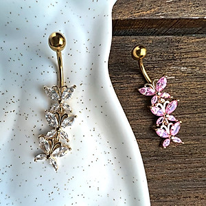 Pierce2GO 3 Butterflies Dangle Belly Button Ring - 14G Anodized Gold Surgical Steel Butterfly Belly Button Ring with Cubic Zirconia Stones - Belly Button Rings Piercing for Women – 7/16” (Gold, Pink)