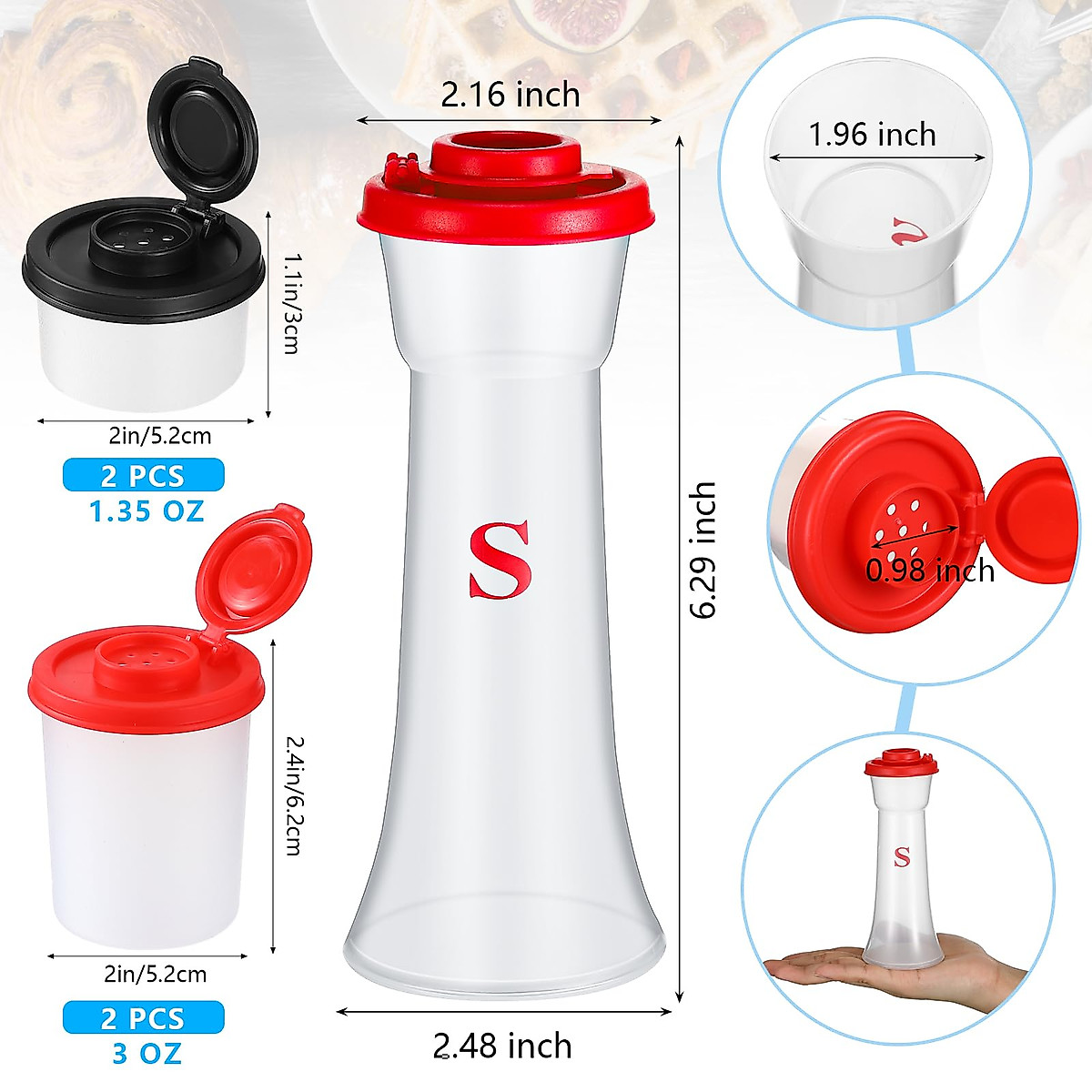 Baderke 6 Pcs Salt and Pepper Shaker Set Hourglass Plastic Salt and Pepper Shakers with Lids Airtight Spice Jar Dispenser for Restaurant Kitchen Camping Outdoor, 3 Sizes