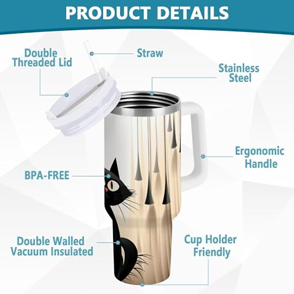 PaChyLuu 30 oz Insulated Tumbler with Handle and Straw Lid, Elegant Cat Leak-Proof Stainless Steel Travel Coffee Mug for Car Cup Holder