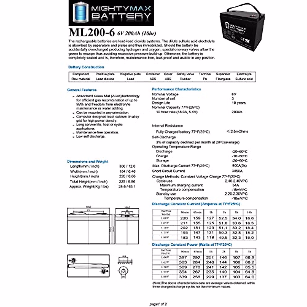 Mighty Max Battery 6V 200AH SLA Battery Replacement for DN200-6E Electric Pallet Jack
