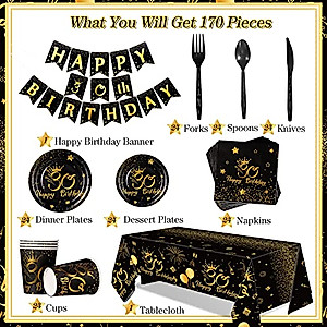 170 Pieces 30th Birthday Party Supplies Disposable Party Dinnerware Set with Plates Napkins Cups Banner 30th Birthday Tablecloth Black and Gold 30th Party Decoration for Men and Women, Serves 24
