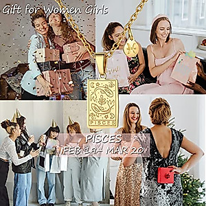 Zodiac Sign Necklace for Women Constellation Tarot Card Pendant Double Sided Gold Stainless Steel Waterproof NonTarnish Friendship Jewelry Gift（Pisces）