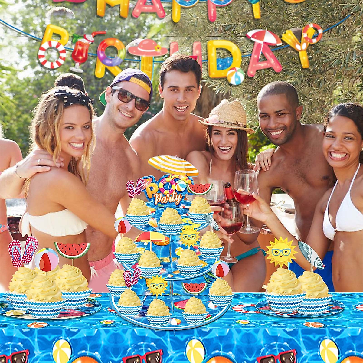 25 PCs Pool Cupcake Stand 3-Tier and Pool Cupcake Topper Set, Fiesec Pool Theme Summer Beach Ball Swimming Hawaii Party Supplies Cardboard Dessert Tower Holder Round Serving Stand Holder