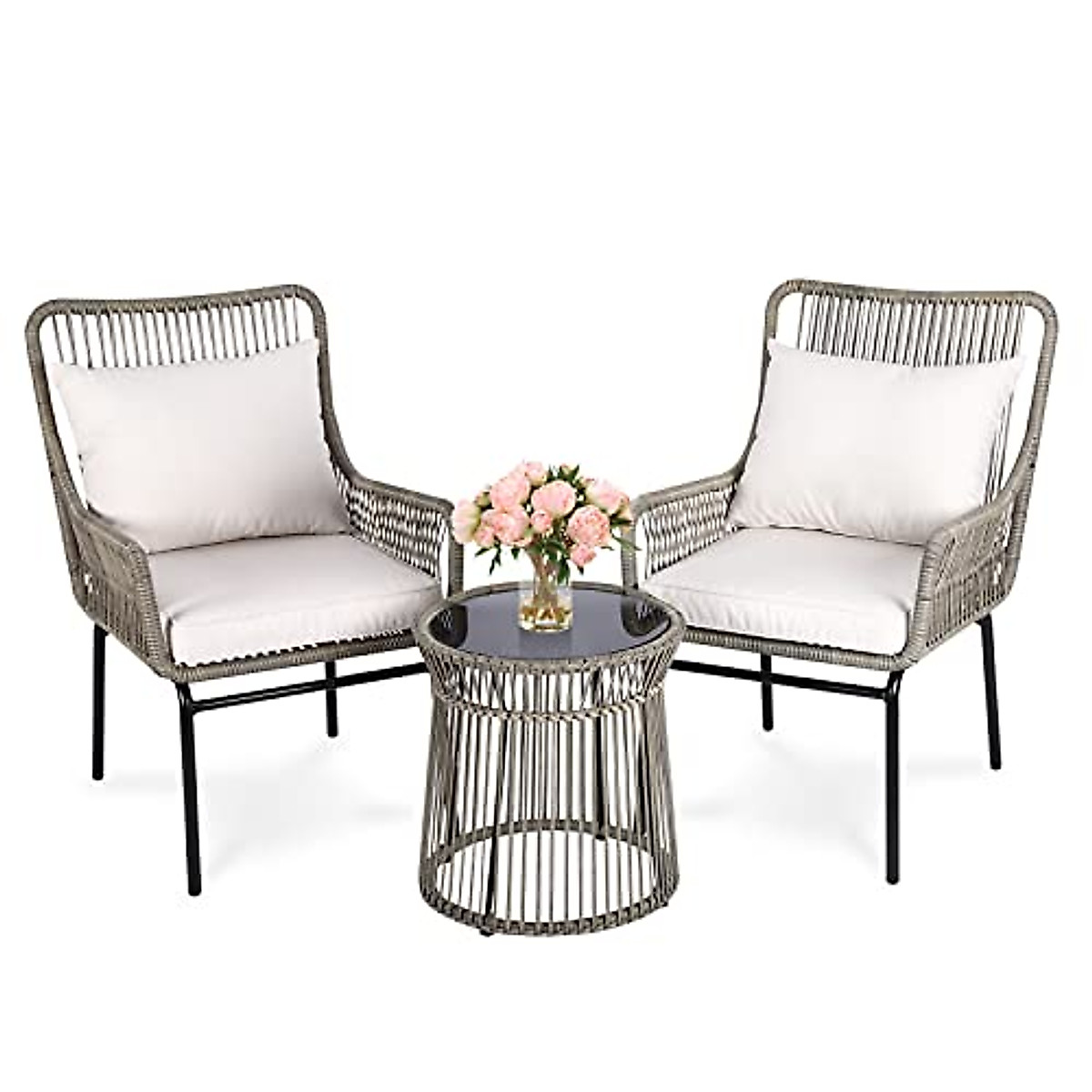 MEETWARM 3-Piece Outdoor All-Weather Wicker Furniture Set with Glass Top Side Table, Patio Conversation Bistro Sets with Cushions for Porch Garden & Backyard, Light Grey