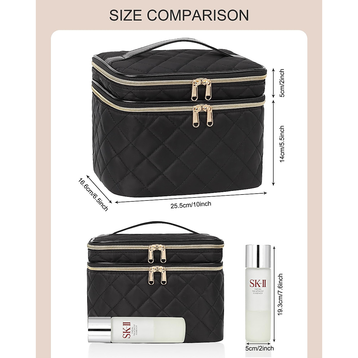 Travel Makeup Bag Organizer, Large Make Up Bag for Women, Double Layer Cosmetic Bag with Removable Dividers, Portable Makeup Case Storage, Black