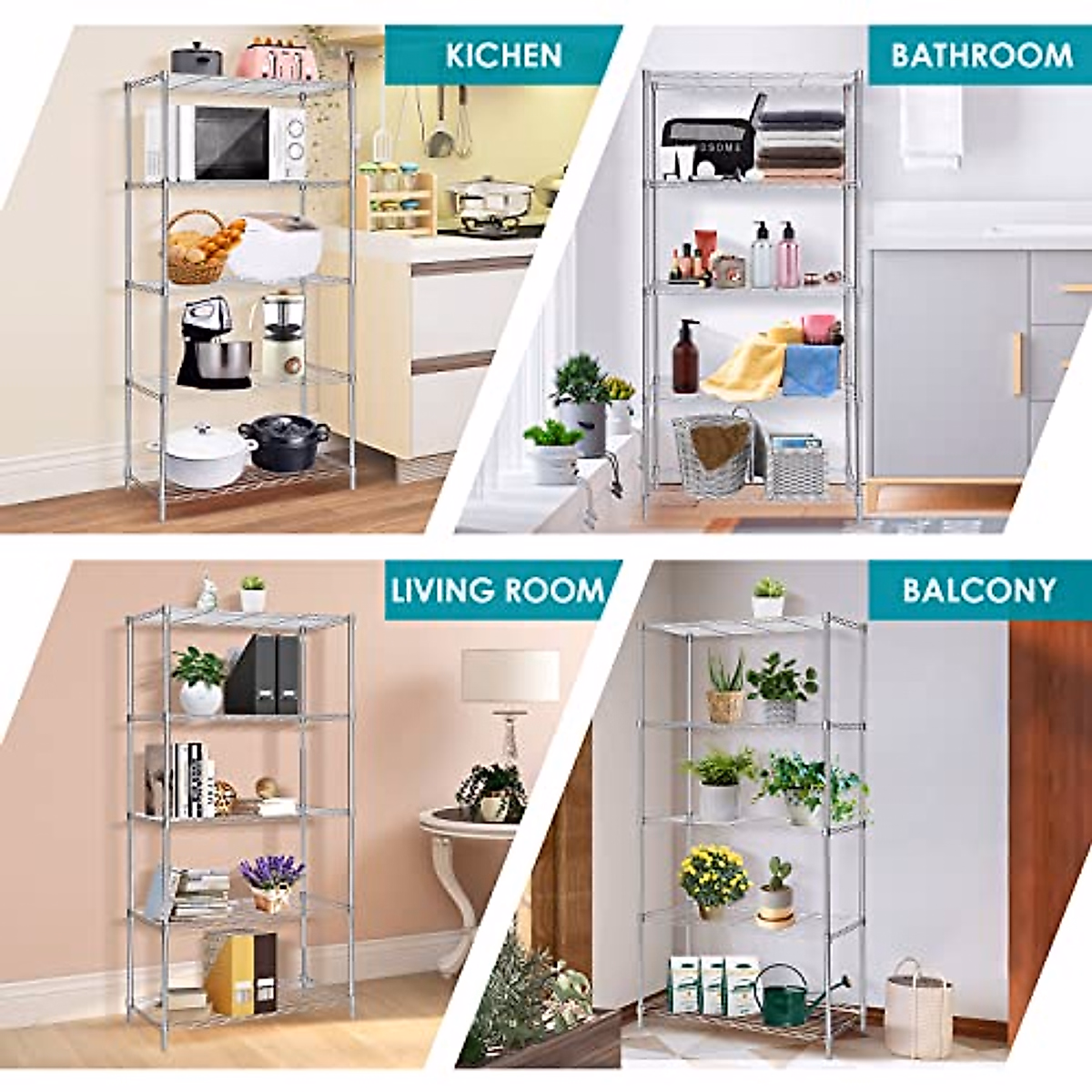 Doredo 5 Tier Wire Shelving Unit, Height Adjustable Wire Shelves, Metal Wire Rack Shelving for Laundry, Kitchen, Bathroom, Pantry, Closet (13.5" D x 29" W x 59" H, Silver)