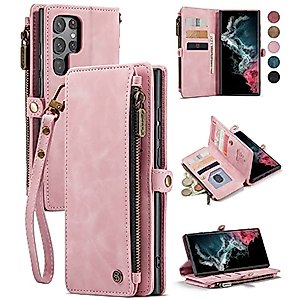 Defencase Samsung S22 Ultra Wallet Case for Women Men, Durable PU Leather Magnetic Flip Strap Wristlet Zipper Card Holder Phone Case for Galaxy S22 Ultra, Rose Pink