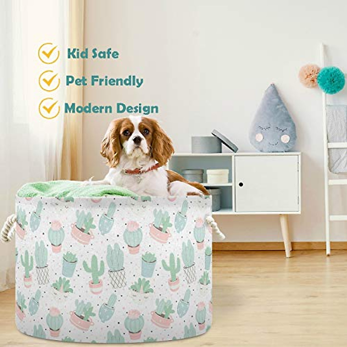 visesunny Storage Basket Cute Summer Cacti Nursery Hamper Canvas Fabric Toy Storage Organizer Bin Storage Box Laundry Basket for Kid Rooms,Playroom,Shelves,Toy Basket