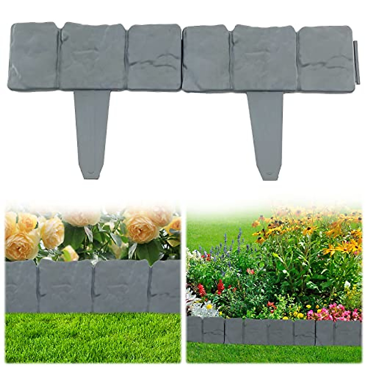Garden Landscape Edging Border No Dig,Flower Bed Edging,DIY Plastic Fencing Lawn Border,Imitation Stone Effect Garden Borders for Garden, Lawn, Walkway and Landscape Edging (24.6 FT)