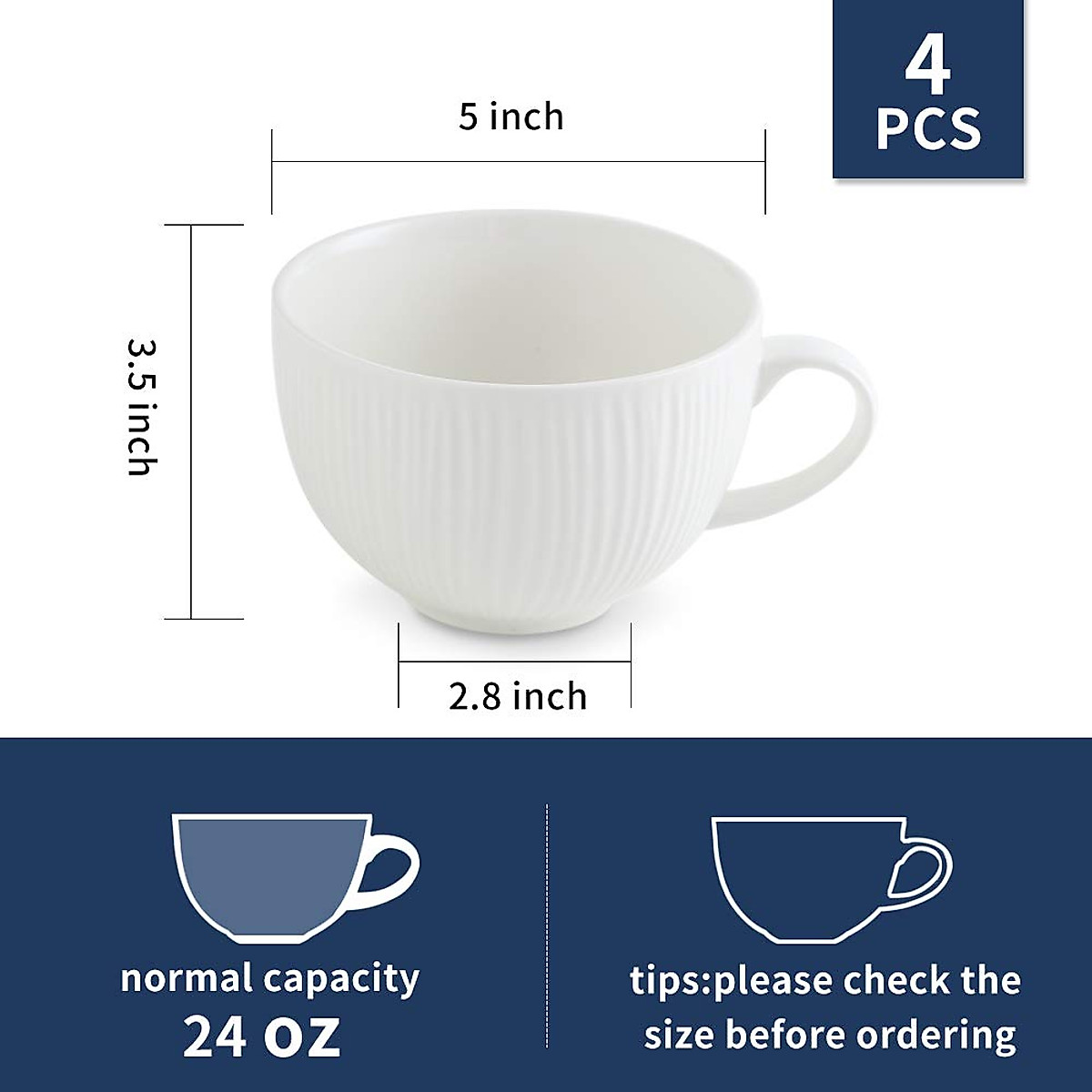 KOOV Jumbo Soup Mug, Soup Bowls with Handles Microwave Safe, Ceramic Soup Mugs with Handles, Jumbo Mug Set of 4, 24 Ounce (White)