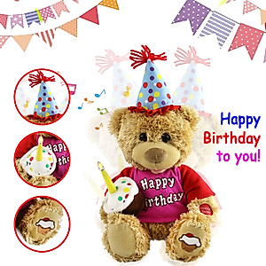 Houwsbaby 13.5'' Birthday Teddy Bear Interactive Stuffed Animal Electric Singing Musical Plush Toy with Cupcake, Glow Candle Teddy Bear Presents for Kids Girls Boys Birthday Holiday