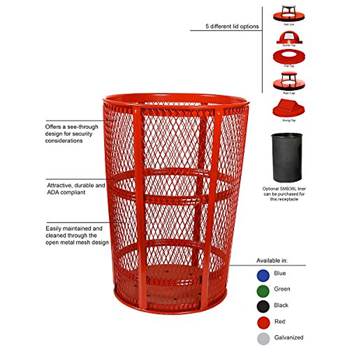 Witt Industries EXP-52RD Steel 48-Gallon Outdoor Waste Receptacle, Round, 23" Diameter x 33" Height, Red