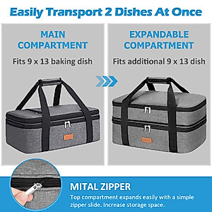 LHZK Insulated Casserole Carrier - Expandable Holder Tote for Hot or Cold Food, Fits 11 x 15 or 9 x 13 Baking Dishes - For Potlucks, Picnics, Beach (Grey)