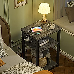 Aheaplus Sofa End/ Side Table Set of 2 with Charging Station, USB Ports & Outlets, 3 Tier Slim Narrow Bedside Nightstand with Storage Shelf for Bedroom, Living Room, Grey Oak