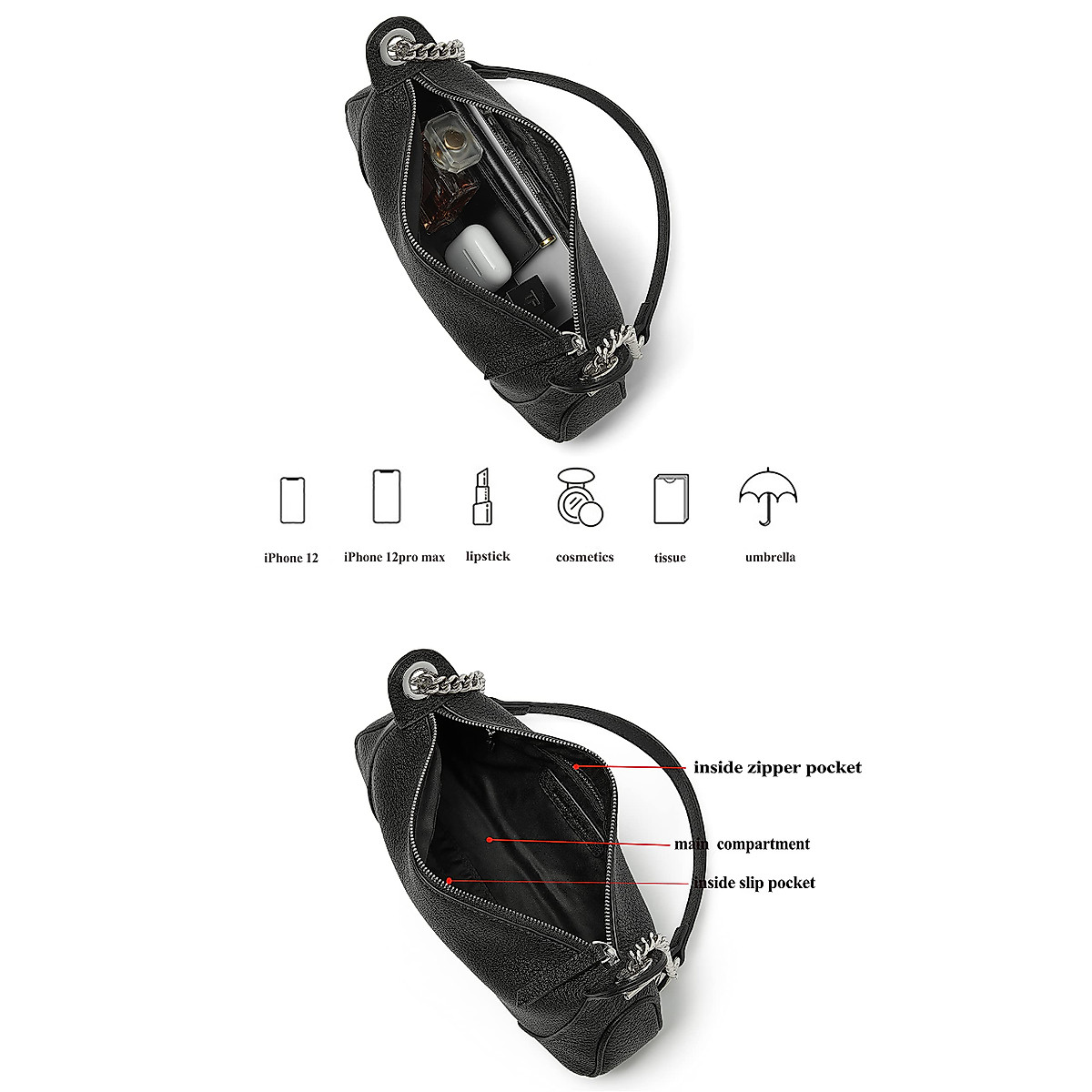 DORIS&JACKY Small Goatskin Leather Shoulder Bag With Metal Chain (1-Black)