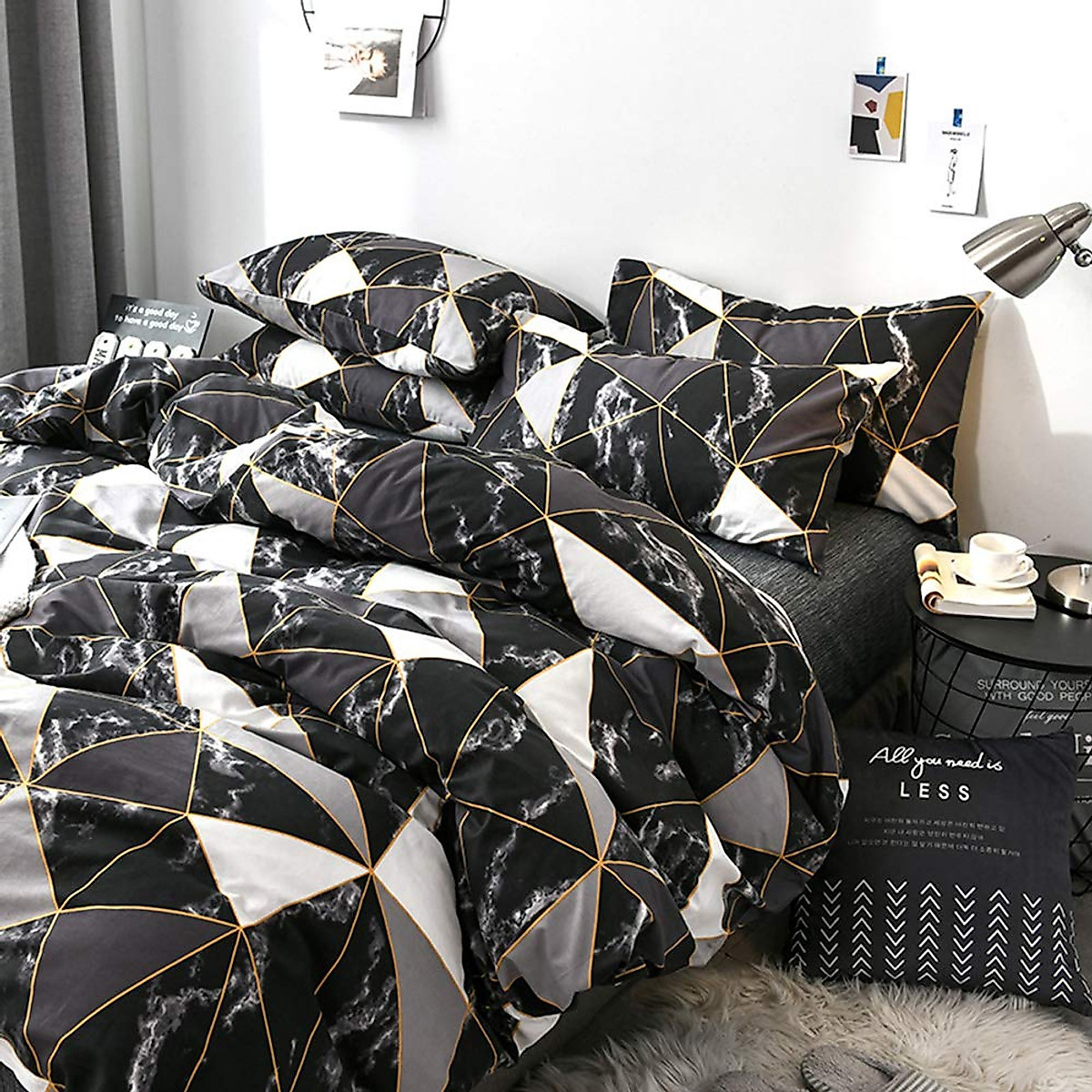 Houseri Queen Comforter Set Black White Grey Geometric Marble Plaid, 3 Pieces All Season Modern Chic Black Gold Line Bedding Sets Queen Size Soft Comfy Women Men Boys Aesthetic Diamond Grid Bed Quilt
