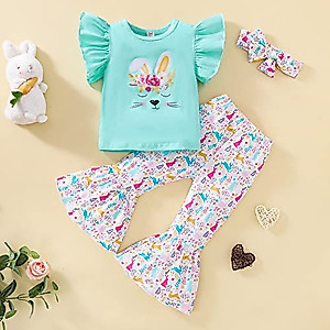 Toddler Girl Easter Clothes Outfits Fly Sleeve Rabbit Shirt Top Colorful Bunny Bell-Bottoms Headband 3Pcs Set (Green Print Rabbit, 18-24 Months)
