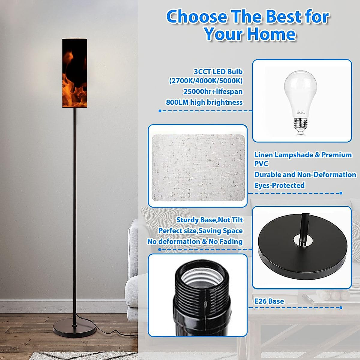 RZNTJHUINA Modern Standing Lamps 3D Pattern Burning Black Minimalist Floor Lamp Metal Pole Lamp with Linen Lampshade for Bedroom Living Room Office Nursery Reading Foot Switch