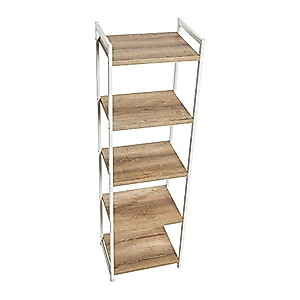 Household Essentials Jamestown Narrow 5 Shelf Open Storage Bookshelf Coastal Oak Rustic Wood Grain and White Metal