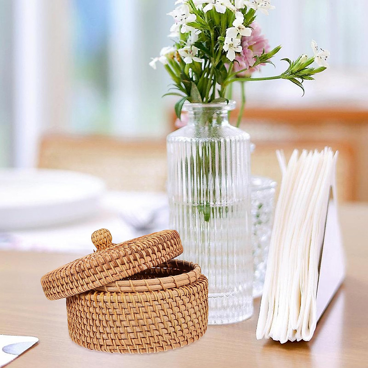 ULTNICE Round Rattan Storage Box with Lid - Hand Woven Rattan Basket for Desktop or Decorative Use