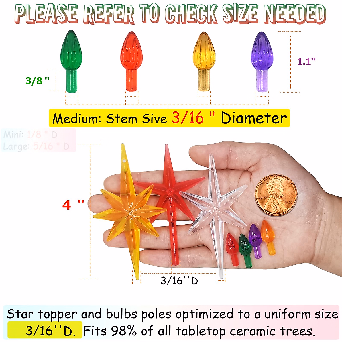 KonohaELF Ceramic Christmas Tree Replacement Lights/Bulbs, Ceramic Tree Medium Multicolor Twist Light Ornaments(117 Bulbs+5 Topper Star)