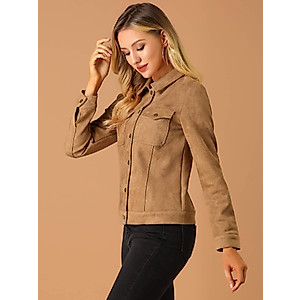 Allegra K Women's Turn-Down Collar Flap Pockets Snap Button Faux Suede Jacket Large Brown