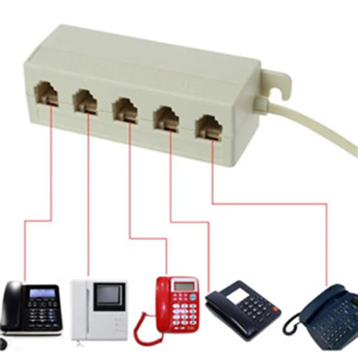 GFORTUN Beige RJ11 6P4C Male to 5 Female Outlet Ports Socket Telephone Phone Cable Line Splitter Adapter (1 Pack)