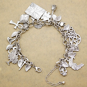 RechicGu Vintage Silver Mythology Fairytale Lucky Charms Cuff Bangle Bracelet Cross Leaf Moon Face Celtic Cat