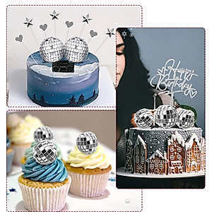 23PCS Disco Ball Cake Toppers 70's Disco Theme Cake Decoration Set with DJ Bling Silver Mirror Balls Centerpiece and Mini Microphone Radio Toy Decor for Women Men 1970s Dance Birthday Party Supplies