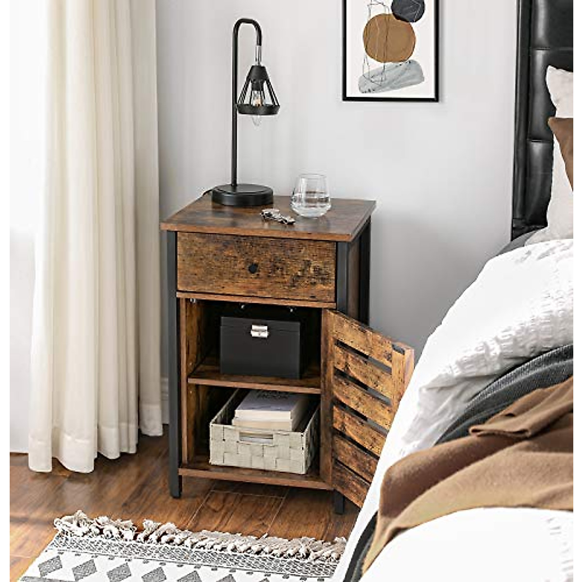 VASAGLE Nightstand, Side Table with Drawer, Shutter Door, End Table with Adjustable Shelf, Metal Frame, Industrial Style, Rustic Brown and Black ULET063B01