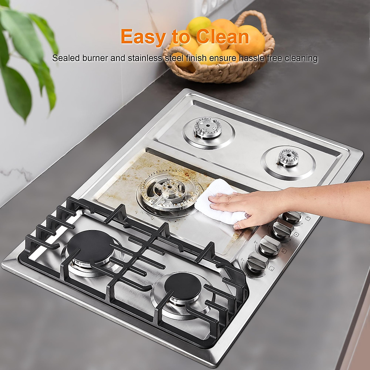 30 Inch Bulit-In Gas Cooktop with Griddle, 5 Italy SABAF Powerful Burners Over 92% High Efficiency, Max 48300BTU Gas Stove Top, 304 Stainless Steel Panel, NG/LPG Convertible, CSA Certified