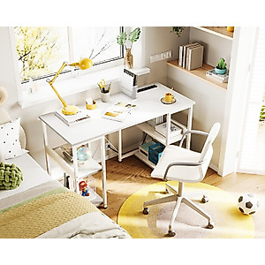 AODK 40 Inch Small Writing Desk with Power Outlets & USB Charging Port, Computer Desk for Small Spaces Home Office, Student Laptop PC Desks with Storage Shelves, Kids Desk, White