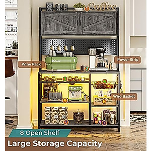 Itaar Bakers Rack with Power Outlet and Led Lights, Coffee Bar Cabinet, Microwave Stand with Wine Rack, Wire Basket, Pegboard and 8 Hoos for Kitchens with Storage, 35.4”, Grey