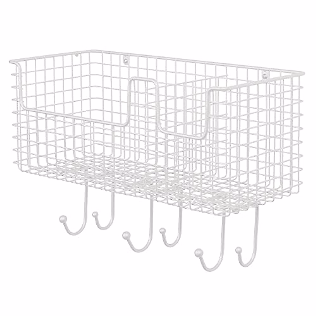 mDesign Metal Wire Farmhouse Wall Decor Storage Organizer Divided Basket with 6 Hooks for Entryway, Hallway, Mudroom, Bedroom, Bathroom, Laundry Room - Wall Mount - White