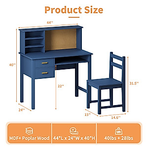 wanan Kids Desk and Chair Set, Wooden Children Study Table with Hutch/Drawer & Bulletin Board, Student Study Desks Computer Desk Art Desk for Bedroom Study Room (Blue)