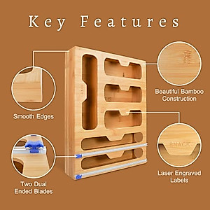 HEATHERVALE Bamboo Ziplock Bag Organizer for Pantry - 6 in 1 Sandwich Baggie Organizer Compatible with Gallon, Quart, Snack, Sandwich Storage Bags, Foil & Plastic Wrap Dispenser