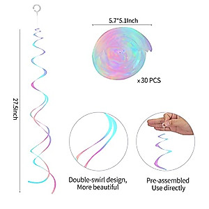 30 Pieces Iridescent White Hanging Swirls, Foil Swirl Hanging Decorations Plastic Steamers for Ceiling, Dangling Whirls Wedding Baby Shower Birthday Party Decorations