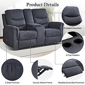 Consofa Loveseat Recliner, Manual Reclining Loveseat with Console, 68'' Wall Hugger Reclining RV Theater Seats, Double Recliner Loveseat with Cup Holder and Side Pocket for Living Room