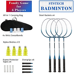 STSTECH Badminton Rackets Set of 4 for Backyard Sports Adults Kids Family Racquets Game with 12 Shuttlecocks,4 Replacement Grips,4 Wristbands and Carrying Bag (Blue -A,Set of 4)