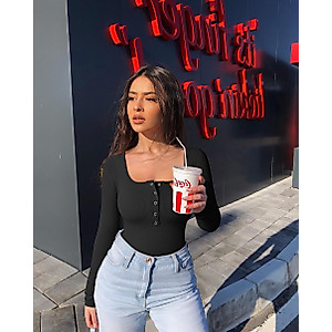 OQQ Women's 2 Piece Sexy Ribbed One Long Sleeve Button Square Neck Top BodySuit, Black,tea Leaf, Small