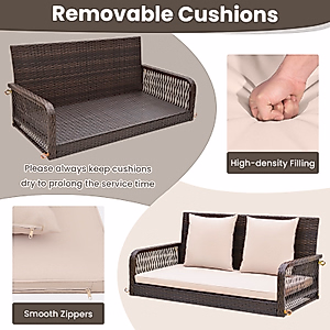 Tangkula Wicker Outdoor Porch Swing, 800 LBS Capacity Outdoor Swing Bench with Hanging Chains, Back and Seat Cushions, 2-Seater Hanging Patio Bench for Deck, Garden, Yard (Beige)