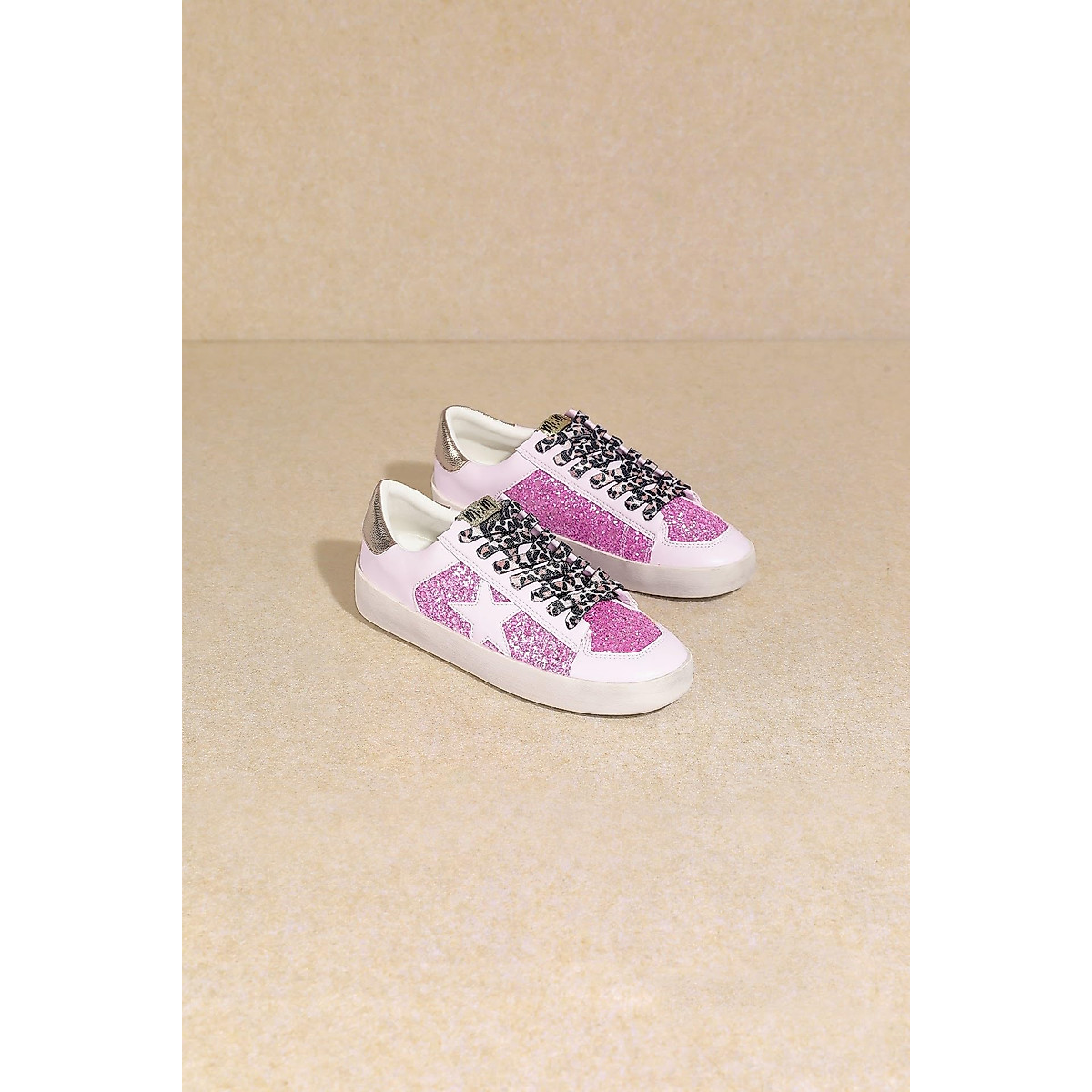 Mi.iM Alex Rubber Sole Lace-up Glitter Leather Star Sneakers (7.5, Pink)